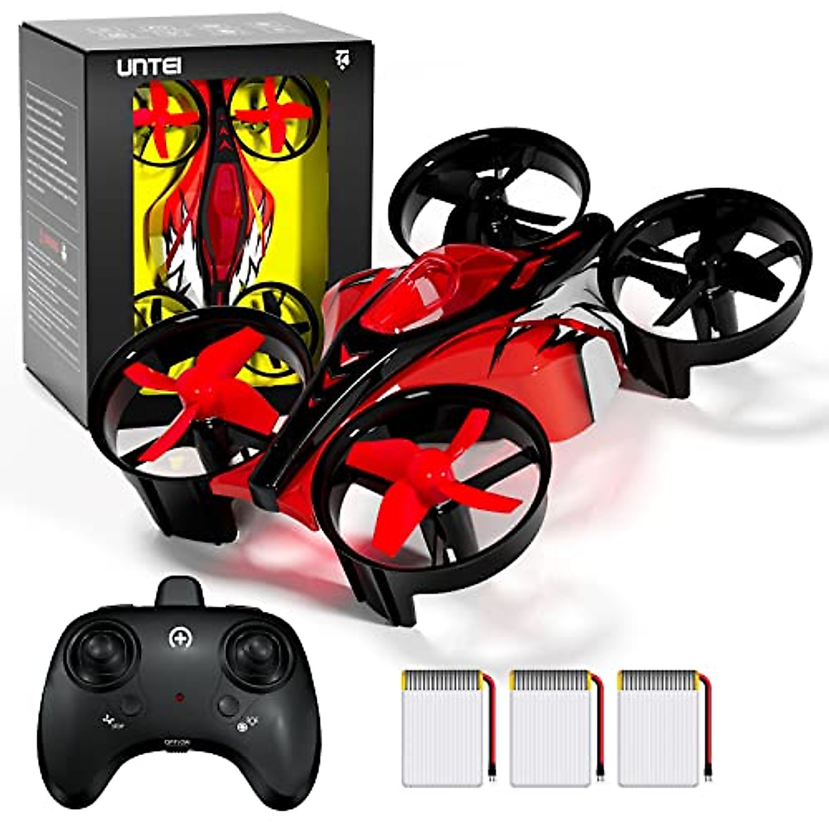 UNTEI 2 In 1 Mini Drone for Kids Remote Control Drone with Land Mode or Fly Mode, LED Lights,Auto Hovering, 3D Flip,Headless Mode and 3 Batteries,Toys Gifts for Boys Girls (Red)