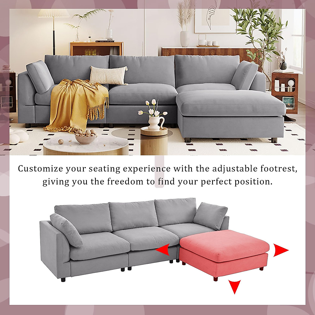 JURMALYN 113" Modern Sectional Sofa Couch for Living Room L-Shape Sofa Couch with Ottoman, Upholstered 4-Seat Sofa Couch Fabric Couch Set for Apartment Office Grey