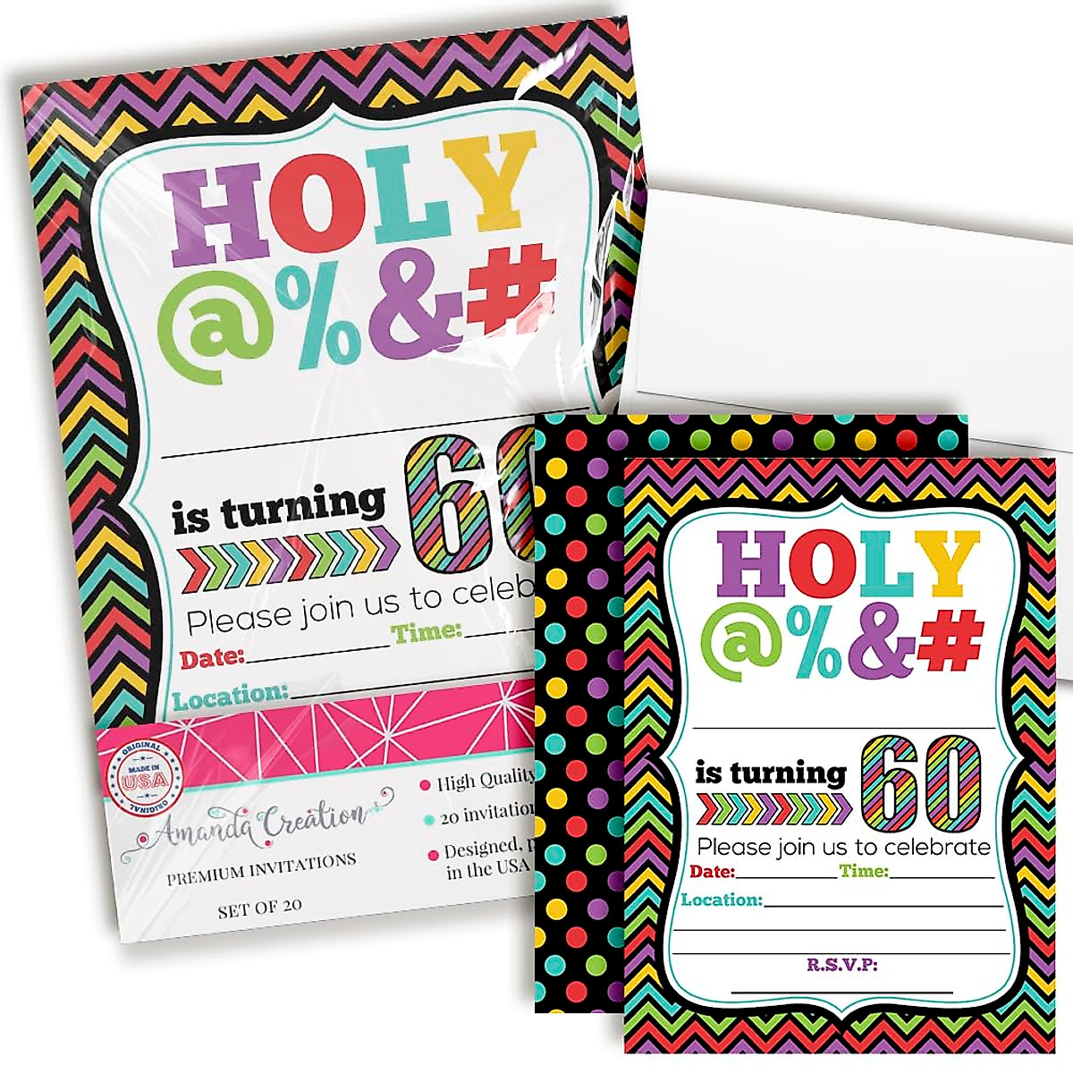 HOLY @% 60th Birthday Party Invitations, 20 Funny 5x7 Fill In Cards with Twenty White Envelopes for Milestone Birthdays by AmandaCreation