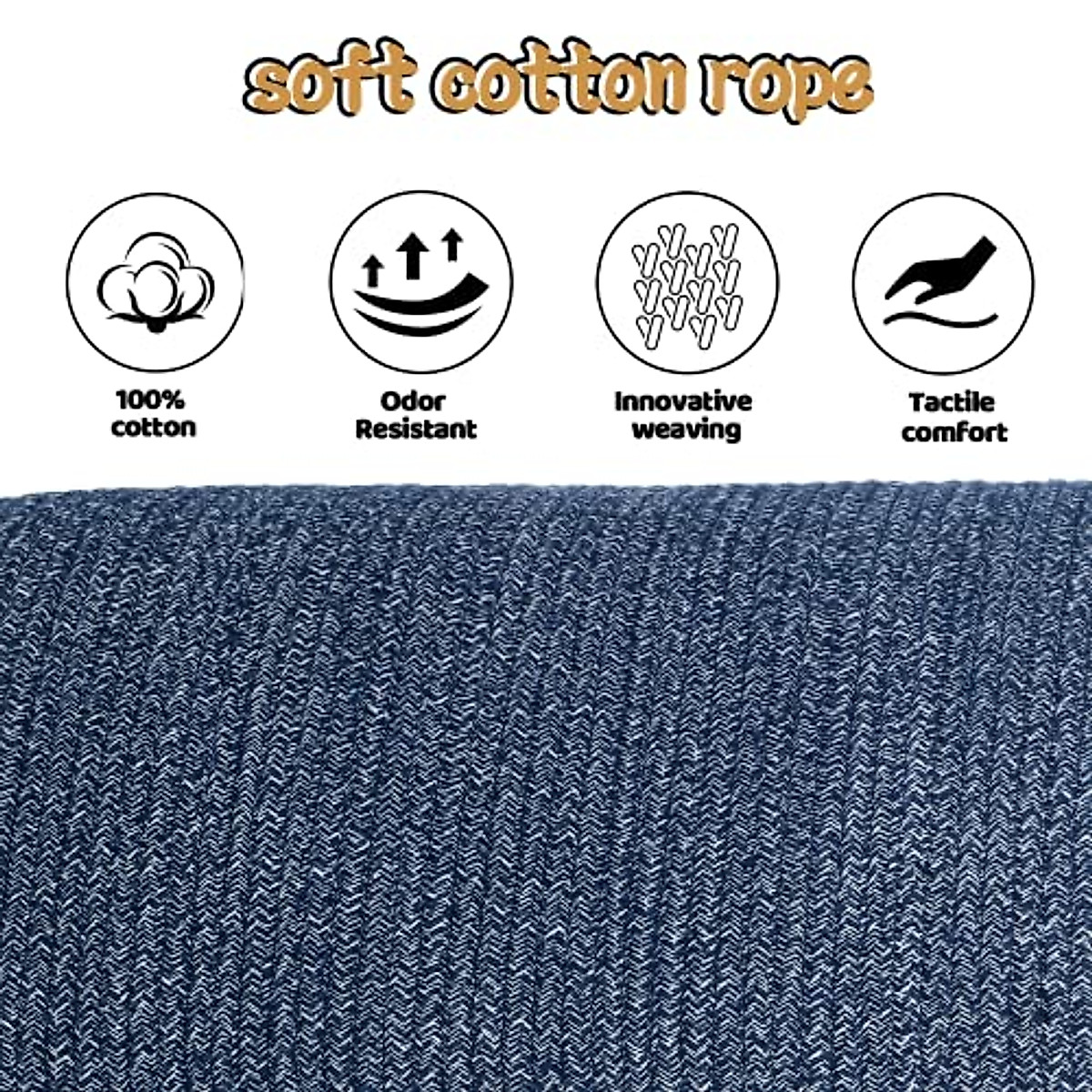 Caroeas XX-Large Cotton Rope Basket, 20'' x 16'' Rope Baskets with Leather Handles, 80L Woven Baby Laundry Blanket Basket, Woven Basket for Toys, Collapsible Rope Laundry Basket (Blue)