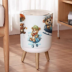 LGCZNWDFHTZ Small Trash Can with Lid for Bathroom Kitchen Office Diaper Animal Set Bear Flies a Parachute Helicopter 3D Style Bedroom Garbage Trash Bin Dog Proof Waste Basket Cute Decorative