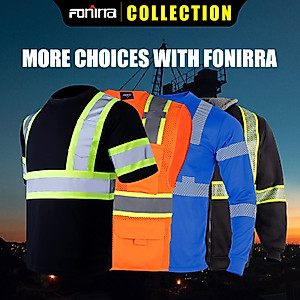 FONIRRA Safety Reflective High Visibility Shirt for Men ANSI Class 3 Hi Vis Construction Work Shirts with Short Sleeve(Black,L)