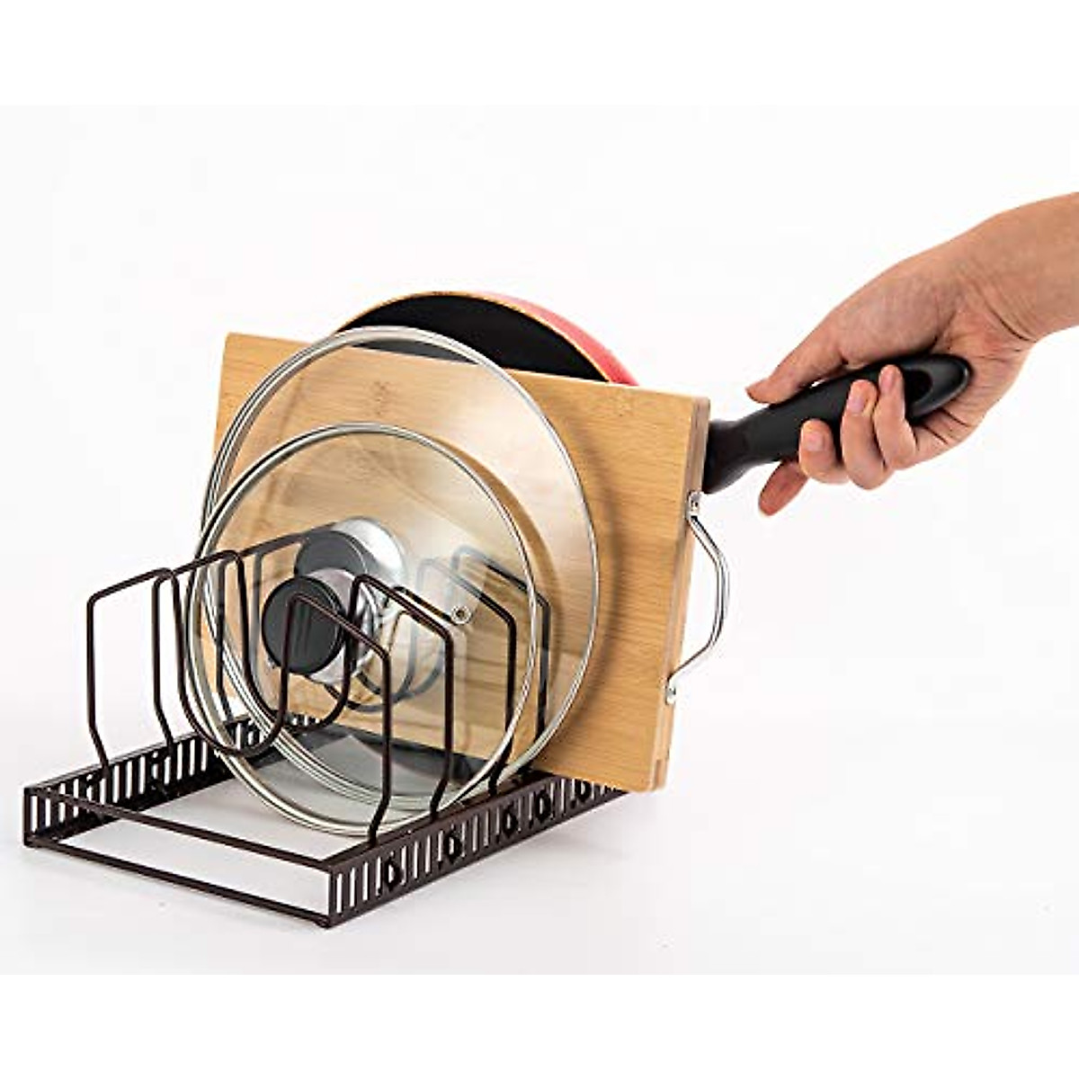 Levanco 7+Holder Adjustable Lids Organizer Rack for Kitchen Bakeware, Dinnerware, Cookware, Cutting Boards, Plates, Pot Lids