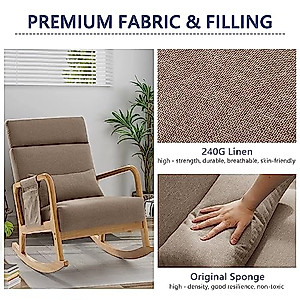 COCOLHOME Nursery Rocking Chair Linen Fabric Solid Wood Upholstered with High Backrest Side Pocket Modern Armchair Accent Rocker Glider Chair for Living Room,Bedroom(Brown)