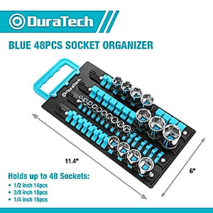 DURATECH Socket Organizer, 48-Piece Portable Socket Holder with Handle, ABS Socket Tray Wall and Tool Cart Mounted, 1/4", 3/8", 1/2" Drive Socket Organizer Tray, Blue(Socket not Included)