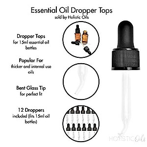 Dropper Tops for 15ml Essential Oil Bottles – Bent Tip Glass Eye Droppers, Fit doTERRA Young Living Aura Cacia Plant Therapy Revive – 12 Pack