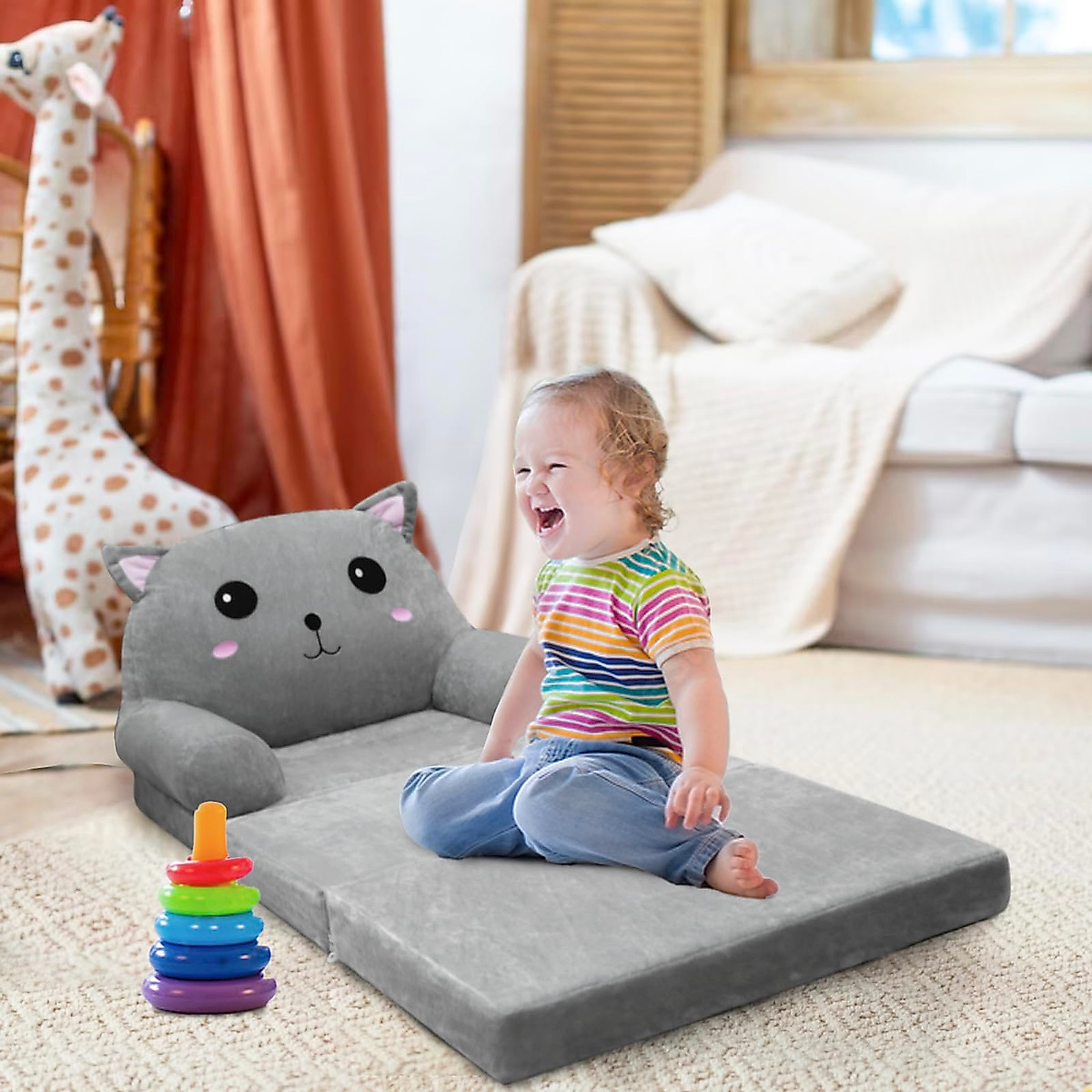 Toddler Chair Kids Sofa - Toddler Sofa Kids Couch Fold Out, 2 in 1 Flip Out Couch and Mini Sofa for Girls and Boys, Baby Couch for 1-4 Year Olds - Cute and Comfy Baby Sofa (Gray Cat)