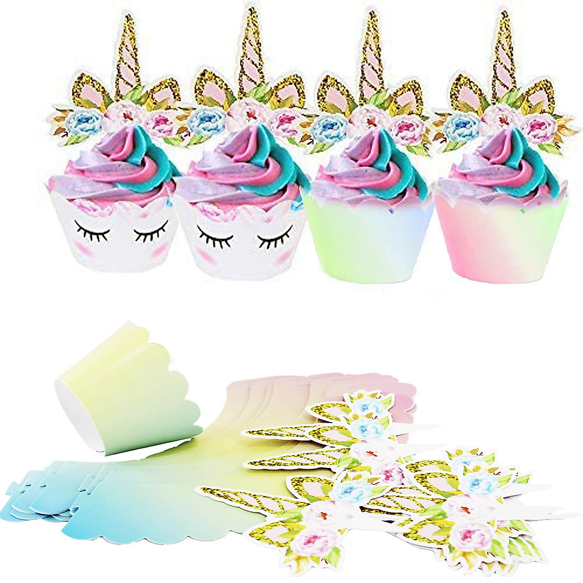 Unicorn Cupcake Toppers and Wrappers Decorations (40 of Each) - Reversible Rainbow Cup Cake Liners with Unicorn Topper | Cute Decorating Supplies for Girl Birthday Party