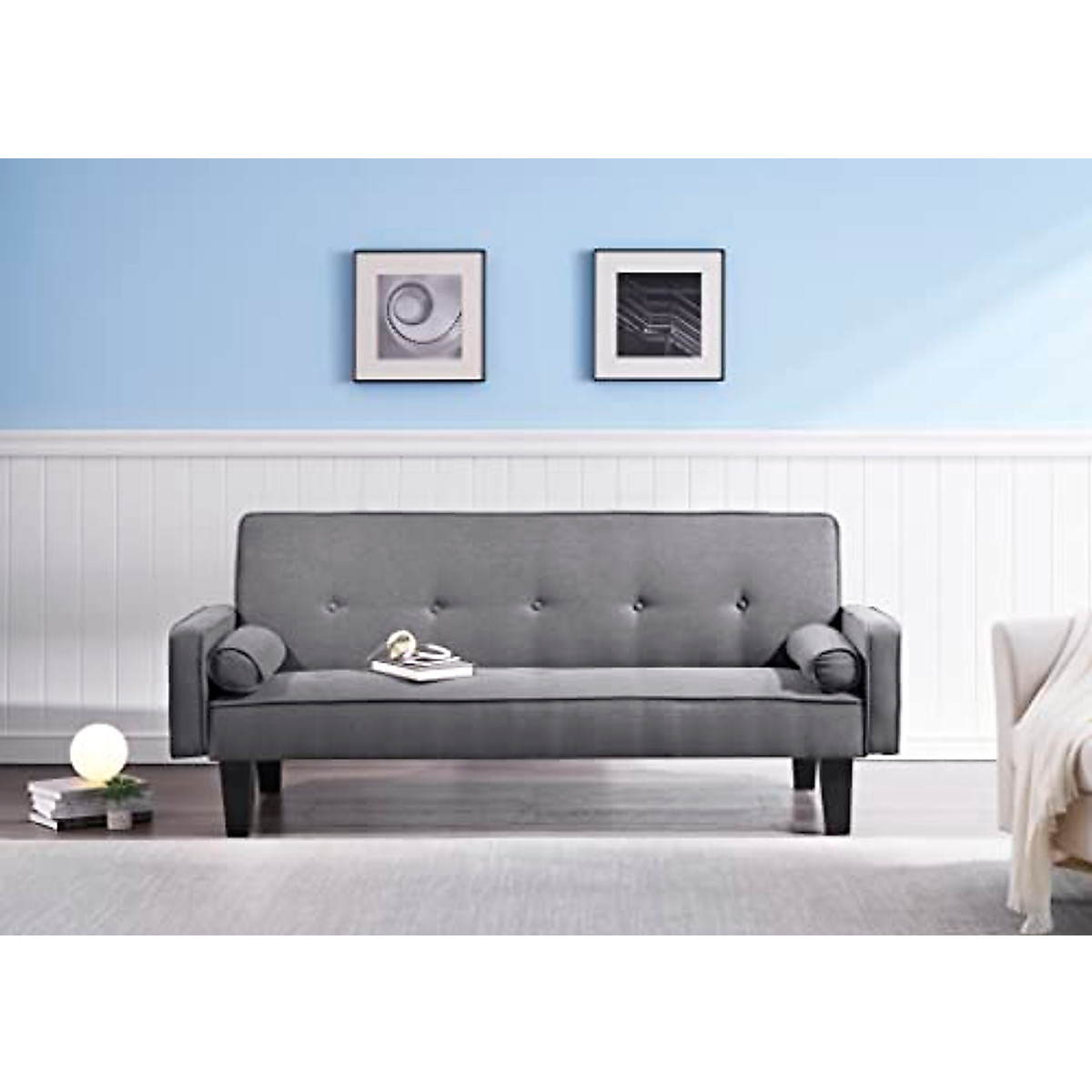 72" Modern Futon Sofa Loveseat Convertible Sleeper Couch Bed Daybed, Folding Recliner with Two Pillows, Cotton Linen 2-Seat Sofá & Couches for Living Room, Apartment, Limited Space Furniture Sets