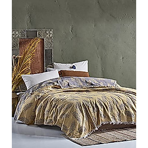 Wellstil Lotus | 2-Layer Muslin Blanket • King Size Turkish Cotton Blanket • Cozy Jacquard Woven Bedspread • Vintage Boho Throw Blankets for Sofa, Couch • Breathable Blanket 82x95 inches (Mustard)