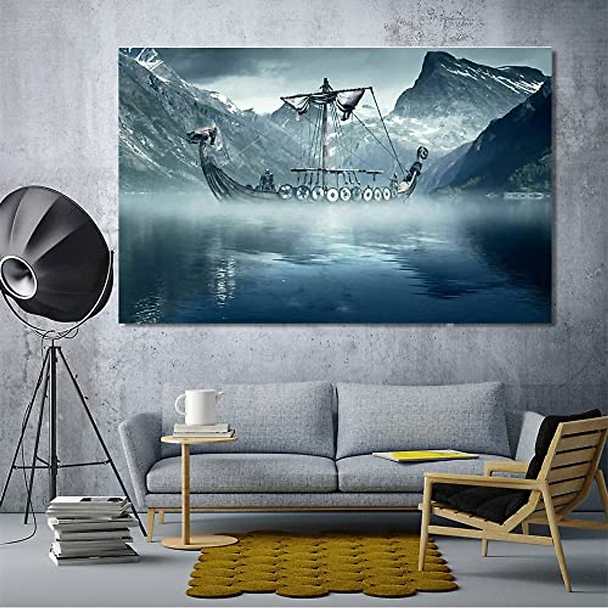 CINORD Landscape Cold North Sea Viking Long Ship Canvas Painting On The Wall Art Posters Bedroom Home Decor Living Room Prints (Framed,60x90cm)