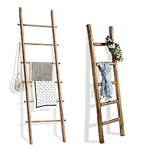 FUIN 6ft & 5ft Wood Decorative Wall Leaning Blanket Ladders Bathroom Storage Quilt Towel Display Rack Shelf Holder Rustic Farmhouse, Brown