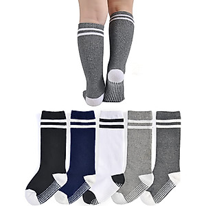EPEIUS Knee High Socks with Non-Slip Grip Toddller Boys Girls Athletic Stripe Team Tube Socks for Soccer, Basketball, Baseball,5 Pairs Pack 3-5 Years