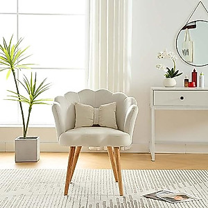 Modern Velvet Accent Chair,Shell Shape Upholstered Armchair with Wood Legs,Comfy Reading Chair for Bedroom,Living Room,Makeup Room,Bowknot Pillow (Cream)