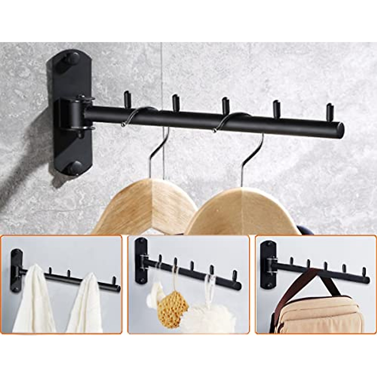 Folding Wall Mounted Clothes Hanger Rack with Swing Arm, Clothes Hanger Rack for Laundry Room Valet Hook, Foldable 180°Rotation, Stainless Steel 304 Folding Clothes Hanger Drying Rack Rod (Black)