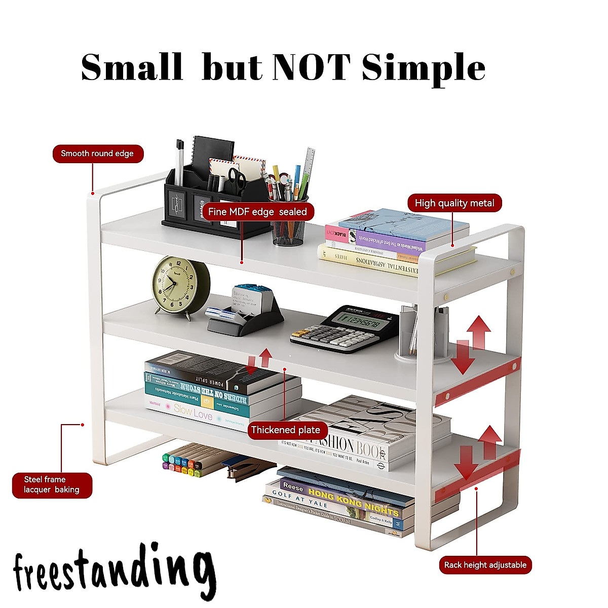 hodiczk Upgraded Small Desk Shelf Organizer with Tiers, Cute Desktop Organizer Shelf Storage, Kawai Desktop Bookshelf Hutch for Dorm, Home, School, Office (White Rack White Frame, 3 Layer)