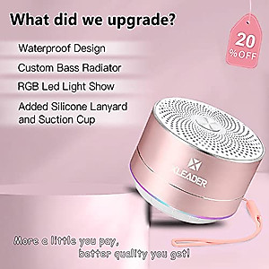 XLEADER Upgraded, Bluetooth Speaker, SoundAngel RGB LED Light Portable Wireless Speaker with Custom Bass Radiator IP67 Waterproof, Mini Speaker for iPhone ipad Shower Girl Women Teen Gifts Rose Gold