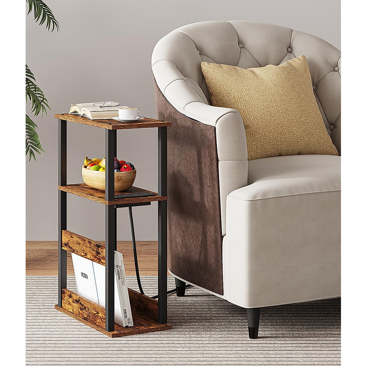 VIMBER 2-Set of 7.8" Narrow Side Table for Small Spaces, Skinny End Table with Charging Station, Sofa Beside Table with Storage Shelf, Slim Nightstand with USB Ports Outlet, Rustic and Brown