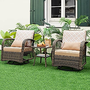 Tangkula 3-Piece Patio Swivel Rocker Set, Wicker Swivel Rocking Chairs w/Tempered Glass Coffee Table, 360° Swiveling & Smooth Rocking, Outdoor Rattan Rocking Set for Backyard, Balcony (Mix Brown)