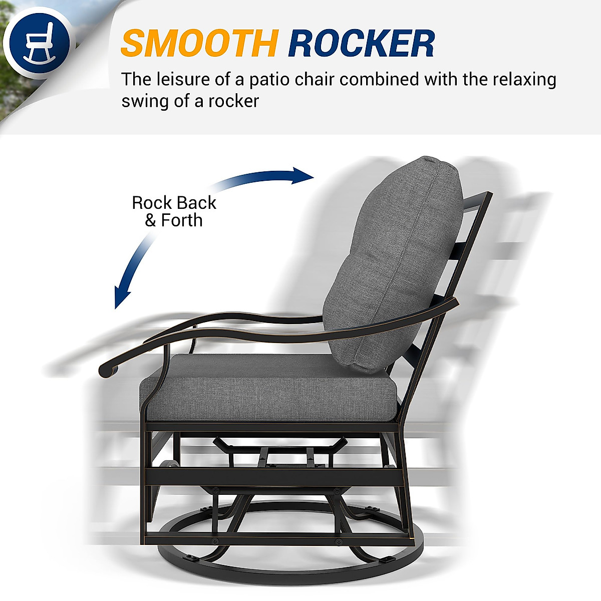 UDPATIO Outdoor Swivel Rocker Chairs, 3 Piece Metal Patio Rocking Chairs with Grey Padded Cushions Patio Bistro Furniture Set with Side Table for Porch Balcony Backyard, Grey