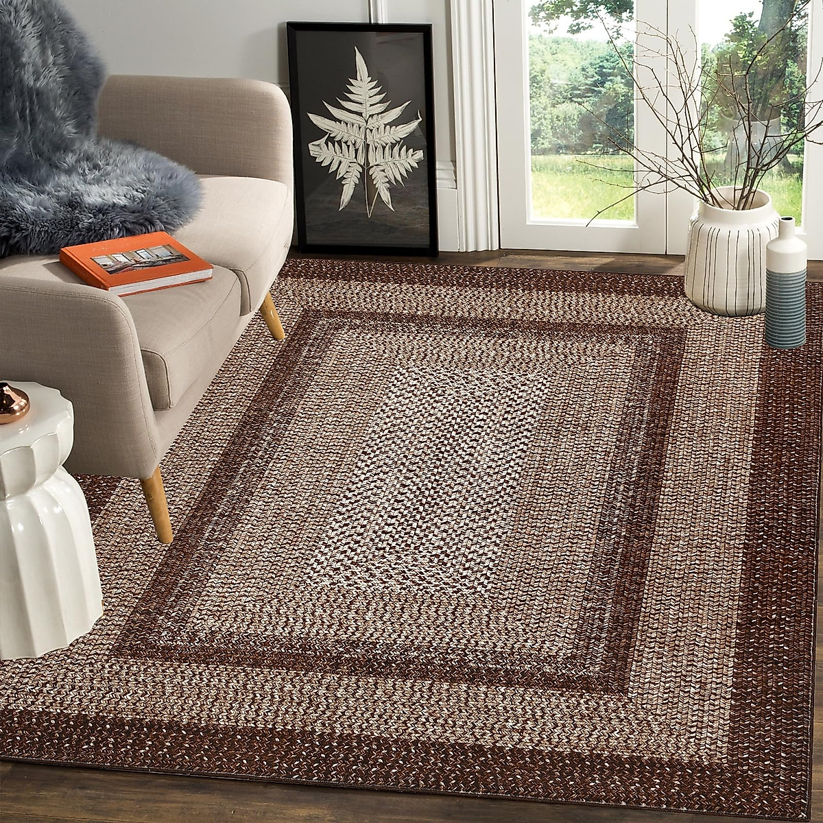 RUGSREAL 10x13 Large Living Room Rug Braided Print Rug Boho Accent Throw Carpet Farmhouse Rustic Rug Non Slip Geometric Bordered Area Rug Bohemian Carpet for Bedroom Home Decor Office, Brown