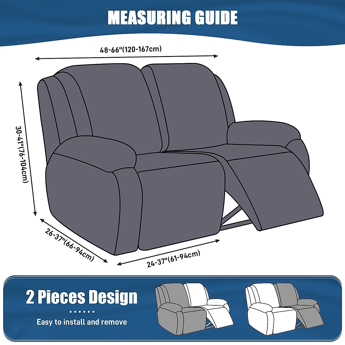 TAOCOCO Recliner Loveseat Slipcover, 2 Pieces Polyester Fabric Stretch Sofa Covers for 2 Seat Reclining Couch, Soft Washable Furniture Protector with Pockets (2 Seat, Dark Gray)
