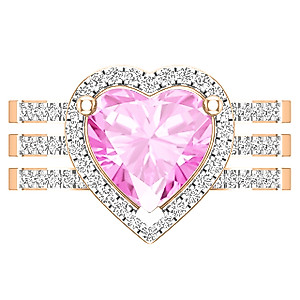 Dazzlingrock Collection 9mm Heart Shaped Created Pink Sapphire & 0.63 CT Round Natural White Diamond Wedding Ring Set for Her in 18K Rose Gold, Size 9