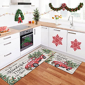 U'Artlines 2Pcs Christmas Anti Fatigue Kitchen Rugs and Mats, Red Truck Tree Non Slip Foam Cushioned Farmhouse Kitchen Floor Mats Comfort Standing Mats for Winter Home Decor