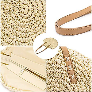 Women's Straw Handbags Large Summer Beach Tote Woven Round Pompom Handle Shoulder Bag(Khaki)