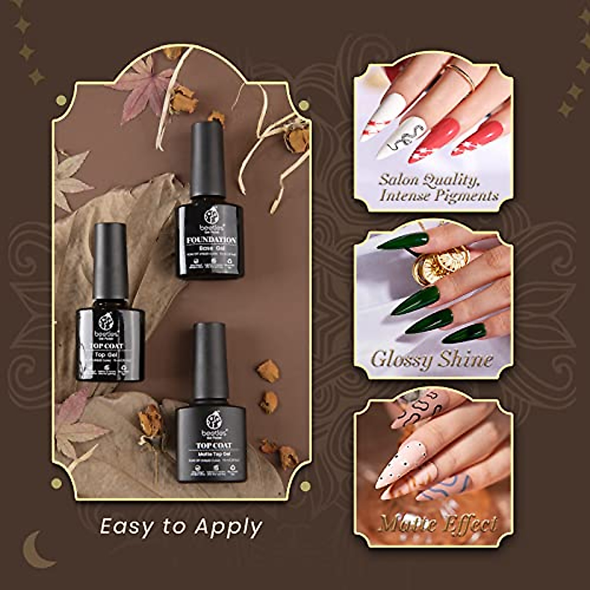 Beetles 20Pcs Gel Nail Polish Kit with Base Gel Top Coat- Lucky Tarot Collection White Black Nude Grey Glitters Gel Polish Golden Journey Nail Art Green Nails UV Manicure Gifts for Women