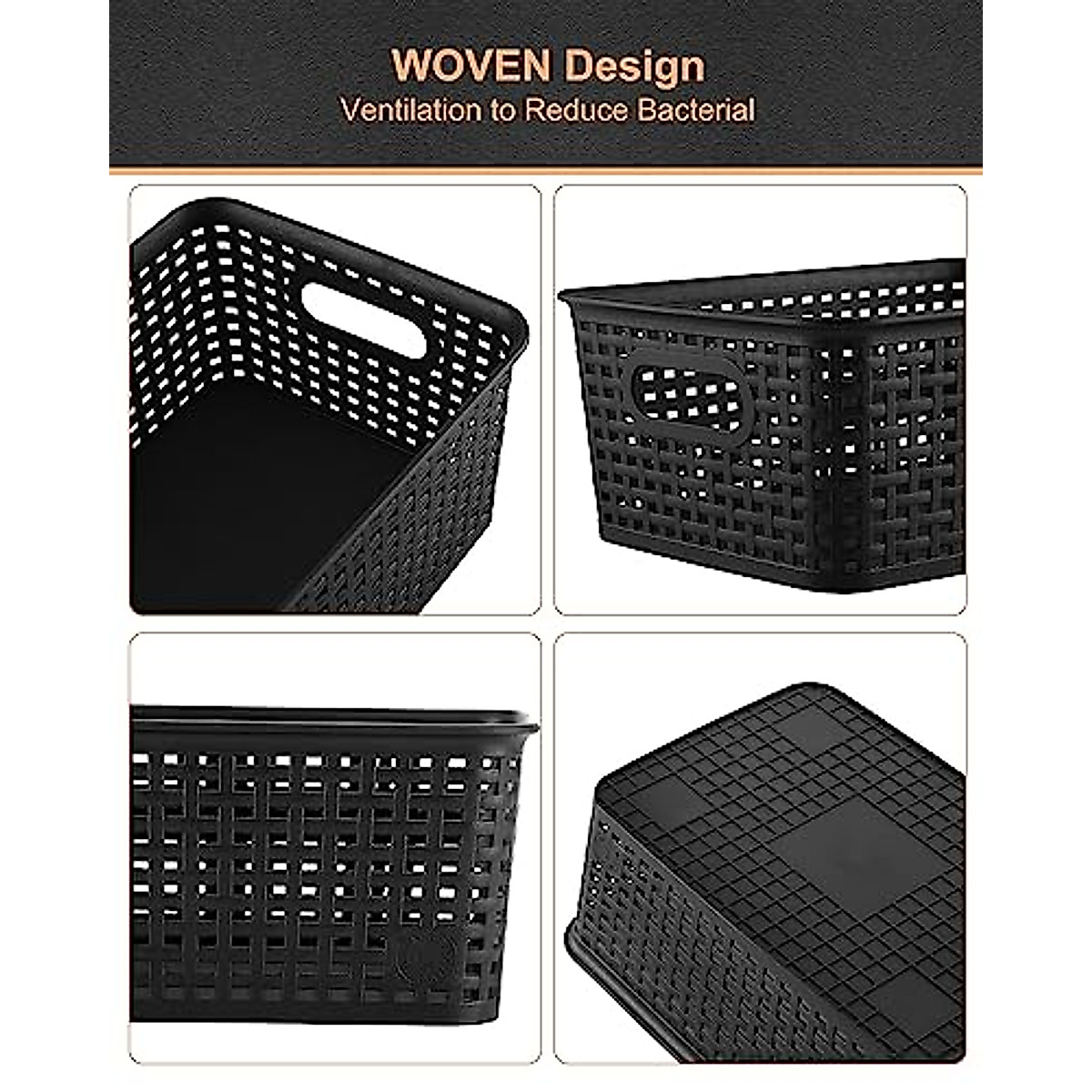 RAXMETRY Plastic Storage Baskets with Lids Pantry Organization and Storage Bins Lidded Container Organizers for Shelves Desktop Drawer Closet Bedroom, Black