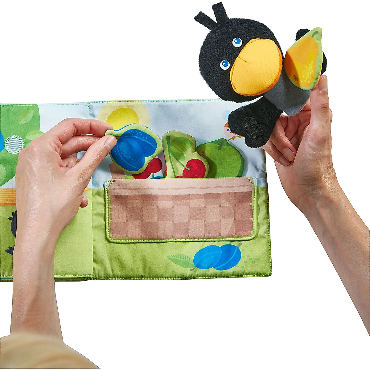 HABA Fabric Book Orchard with Raven Finger Puppet and Removable Fruit