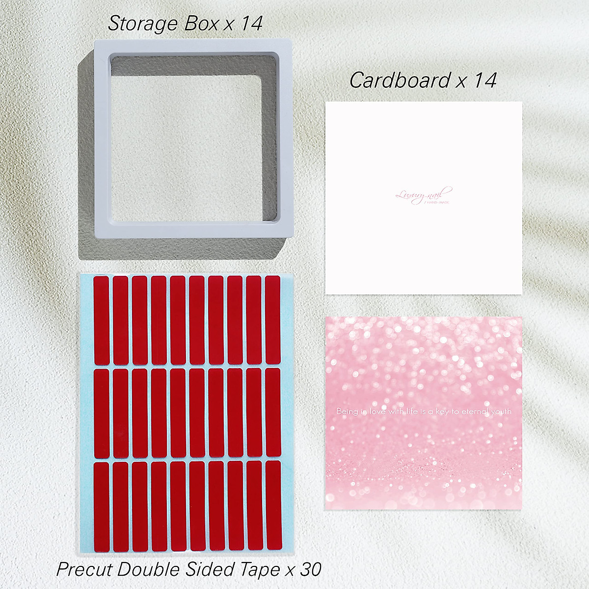 LIGHT RAIN Press on Nail Packaging Box, 3D Nail Storage Organizer and Display Holder Set, 4.3x4.3x0.8 inch, 14pcs