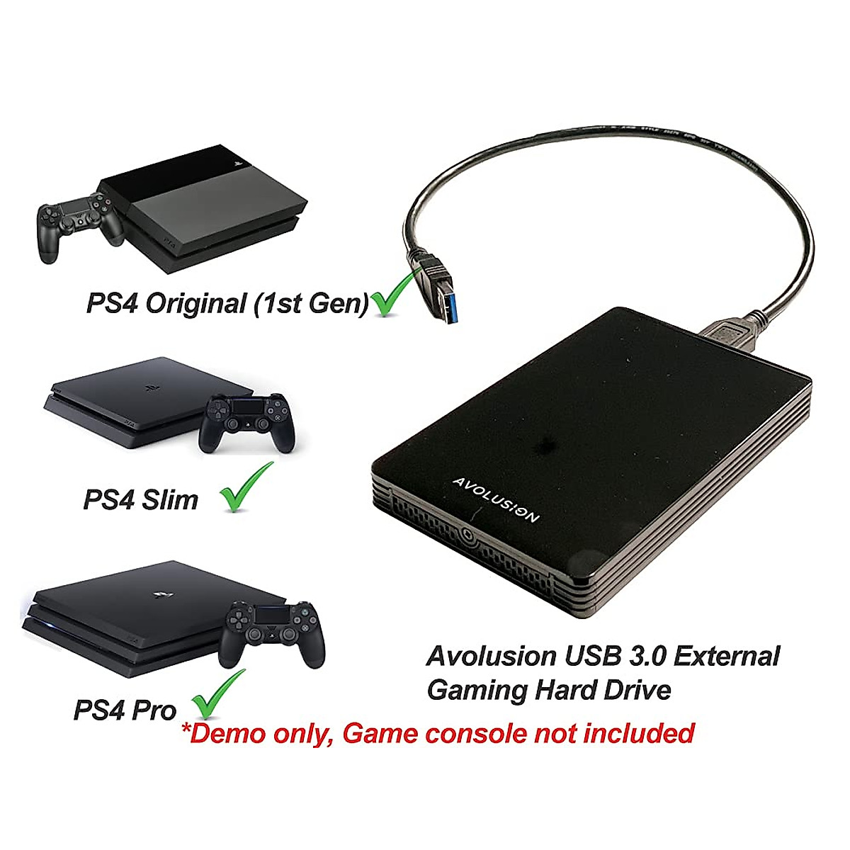 Avolusion HD250U3-Z1-PRO 1TB USB 3.0 Portable External Gaming Hard Drive (for PS4, Pre-Formatted) - 2 Year Warranty