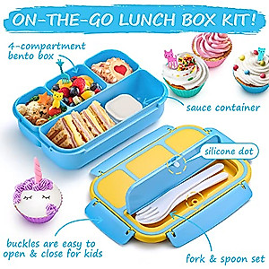 QQKO Bento Lunch Box for Kids Girls Boys, Toddler Kids Lunch Boxes for School, Lunch Containers for Adults Kids with 4 Compartments, Sauce Container, Utensils, Food Picks and Muffin Cups, Blue