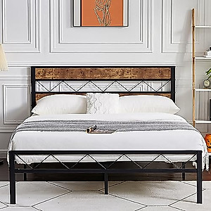VECELO Queen Size Bed Frame with Wooden Headboard, Heavy Duty 14 Metal Slats Support, No Box Spring Needed, Platform Mattress Base, Under Bed Storage, Noise Free, Easy Assembly