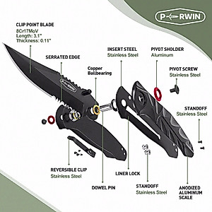 PERWIN Pocket Knife, EDC Knife with 3.1" Serrated Clip Point Blade and Aluminum Handle Small Pocket Knives for Camping Fishing Hiking