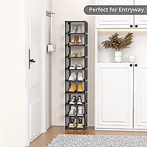 10 Tier Vertical Skinny Shoe Rack - Space Saving Corner Shoe Tower, Plastic Tall Thin Shoes Storage Organizer for Entryway and Closet, Free Standing Shoe Shelf in Black, Modular Set No-Tool Assembly