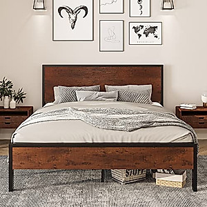 IMUsee Full Size Bed Frame with Wood Headboard and Footboard Platform, Heavy Duty Metal Frame with 12" Under Bed Storage, No Box Spring Needed, Noise Free, Brown