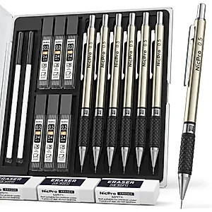 Nicpro 0.5 mm Art Mechanical Pencils Set in Gift Case, 6 PCS Metal Drafting Pencil 0.5mm with 6 Tube HB Lead Refills & 18 PCS Eraser Refills for Adults, Children, Artist Writing, Drawing, Sketching