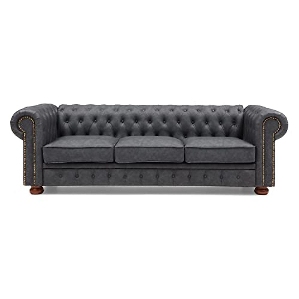 LUMISOL 88" Modern 3 Seater Sofa, Faux Leather Chesterfield Sofa with Rolled Arm, Tufted Upholstered Couch with Nailhead for Living Room, Apartment (Dark Gray)