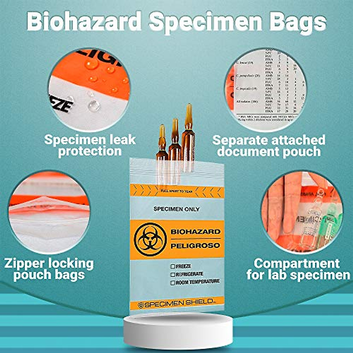 APQ Biohazard Specimen Bags 6 x 9, Orange and Black 3-Wall Biohazard Bags 100 Pack, Clear 2 Mil Bio Hazard Bags, Waterproof Plastic Zipper Bags with “Pull Apart to Tear” Line and Document Pouch
