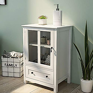 Modern Storage Cabinet with Single Glass Door, Handle and Drawer, Buffet Sideboard Console Table Side Table for Hallway Entryway Kitchen Living Room, White