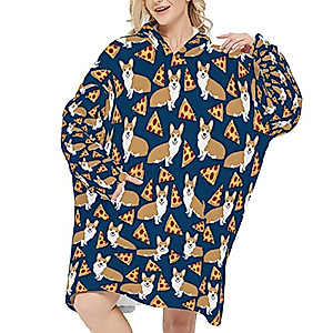 Wearable Blanket Hoodie, Corgi Pizza Funny Dog Oversized Hoodie Sweatshirt Blanket for Adults Women Men Cozy Warm Hoodie Blanket with Pocket