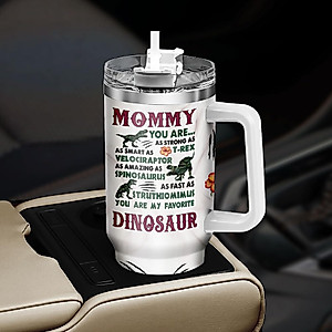 9SUNFLOWER Mamasaurus Stainless Steel Dinosaur Insulated Cup With Floral Straw Lid, Handle, 40 Oz Tumbler, Mommy Dinosaur Gift