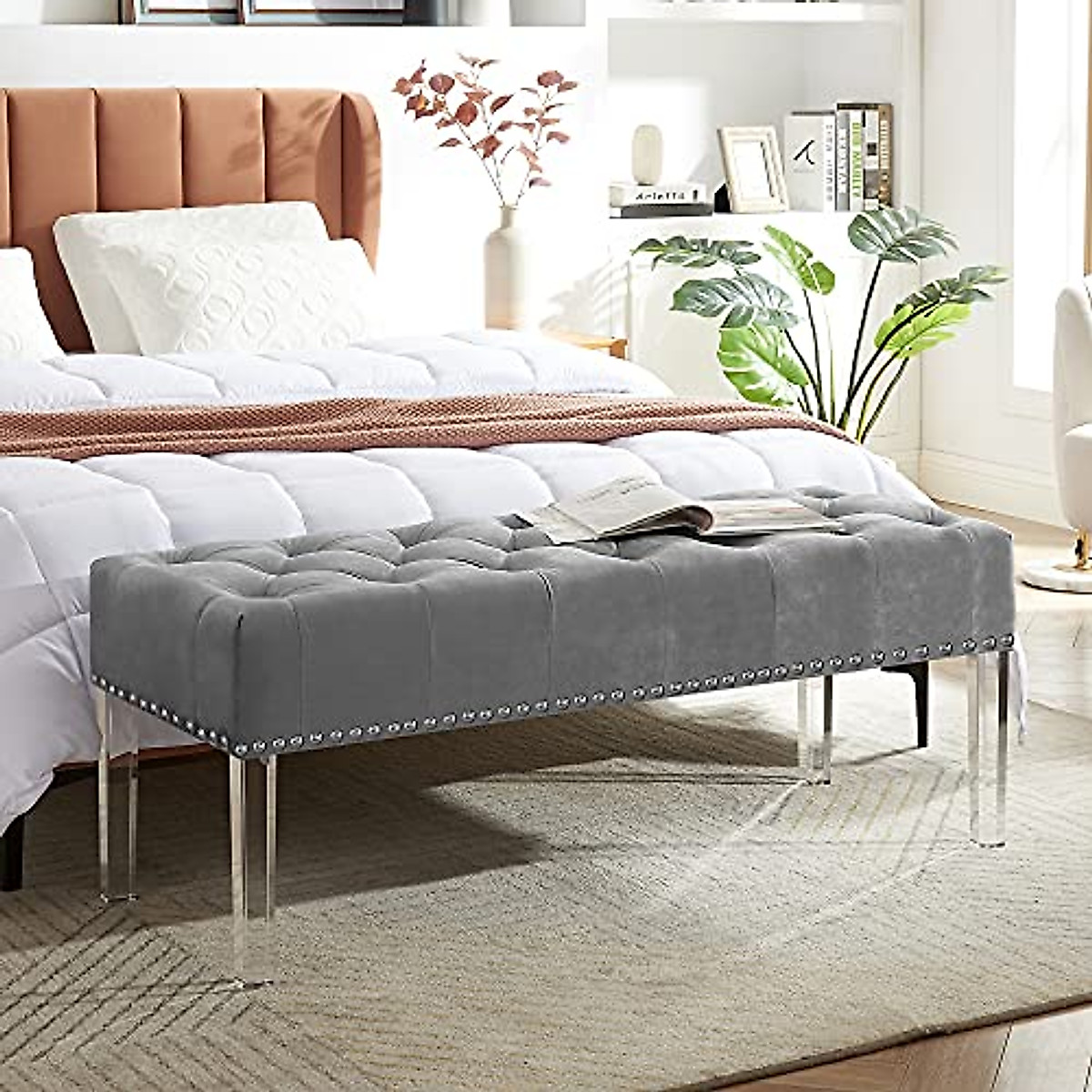 New Classic Furniture Vivian Velvet Bench with Crystal Buttons, Gray