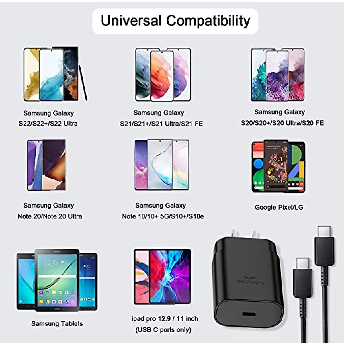 Super Fast Charger Type C 2 Pack 25W USB C Wall Charger for Samsung Galaxy S22 / S22 Ultra / S22+ / S21 / S21 Ultra / S21+ / S20 / S20 Ultra/Note 20 Ultra/Note 10 Plus/Z Fold 3