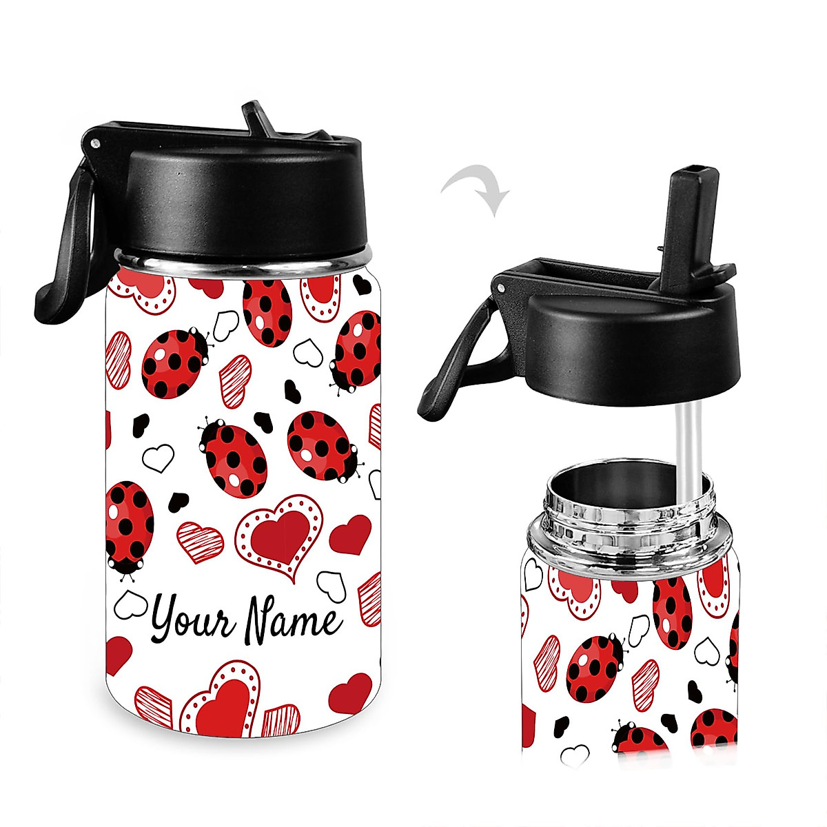 Personalized Kids Water Bottles with Silicone Straw Lid, Custom Stainless Steel Cute Funny Thermos with Name Text for Girls & Boys, Perfect for Travel, School, Outdoors, and Gym - Ladybugs