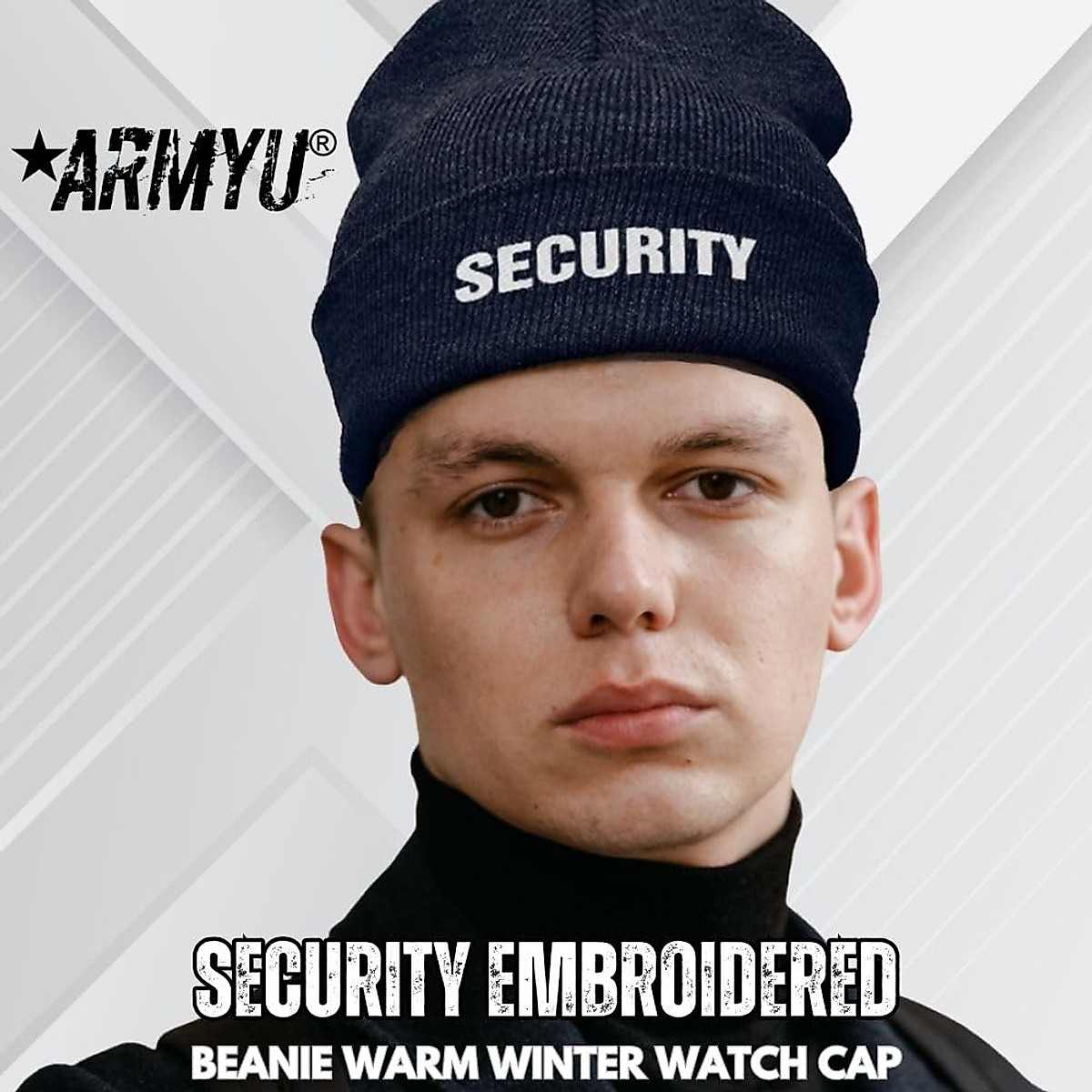 Army Universe Security Embroidered Beanie Warm Winter Watch Cap Security Winter Hat Uniform (Black with White Security)