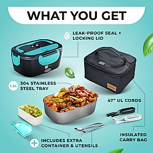 FORABEST Electric Lunch Box Food Heater 2-In-1 Portable Food Warmer Lunch Box for Car & Home – Leak proof, 2 Compartments, Removable 304 Stainless Steel Container, SS fork & spoon and Carry Bag